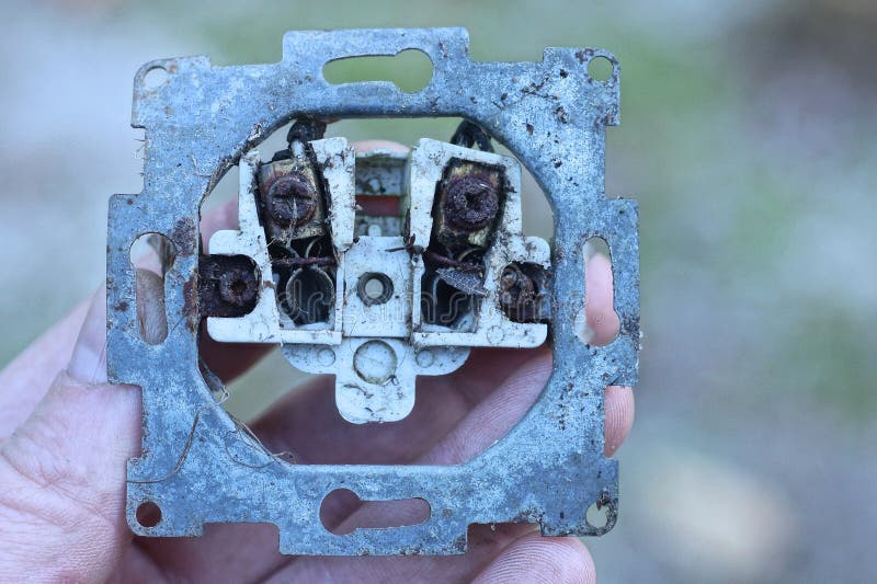 Hand Holding One Old Rusty White Black Electrical Outlet Stock Image ...