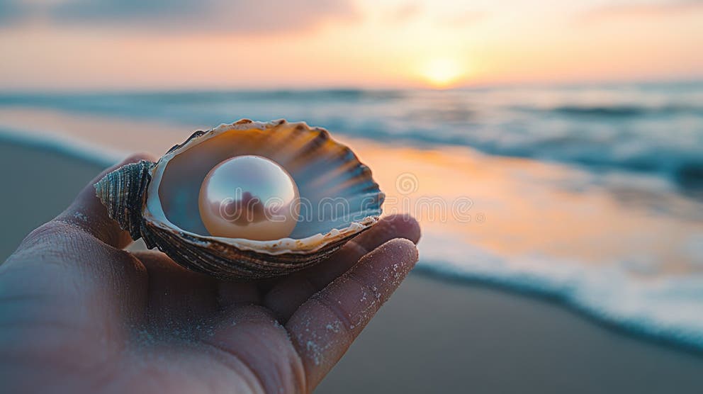 Hand Holding Open Shell with Pearl at Sunset Beach Ocean Waves ...
