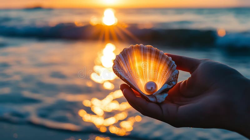 Hand Holding Open Shell Pearl Sunset Beach Ocean Stock Photos - Free ...