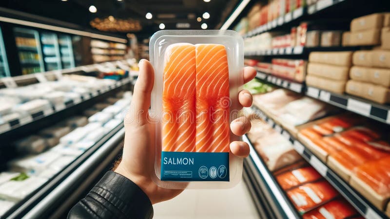 Hand Holding a Pack of Salmon at a Store. the Packaging is Clear ...