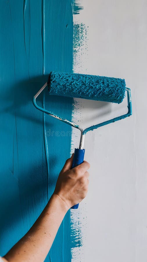 Paint Roller Gripping Hand, Gliding Over White Wall, Leaving Textured ...