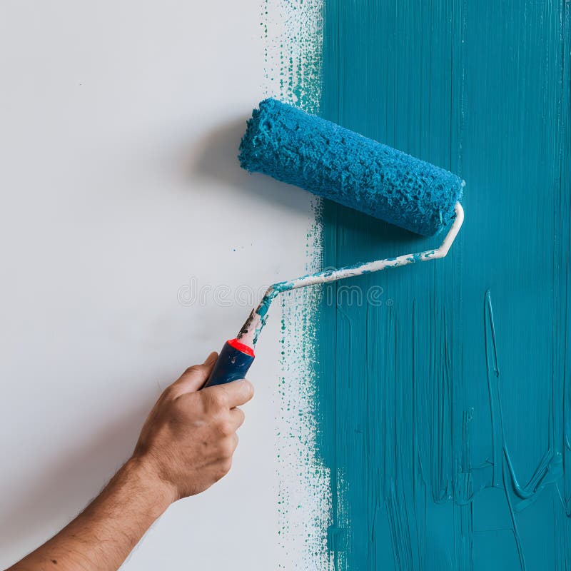 Paint Roller Gripping Hand, Gliding Over White Wall, Leaving Textured ...