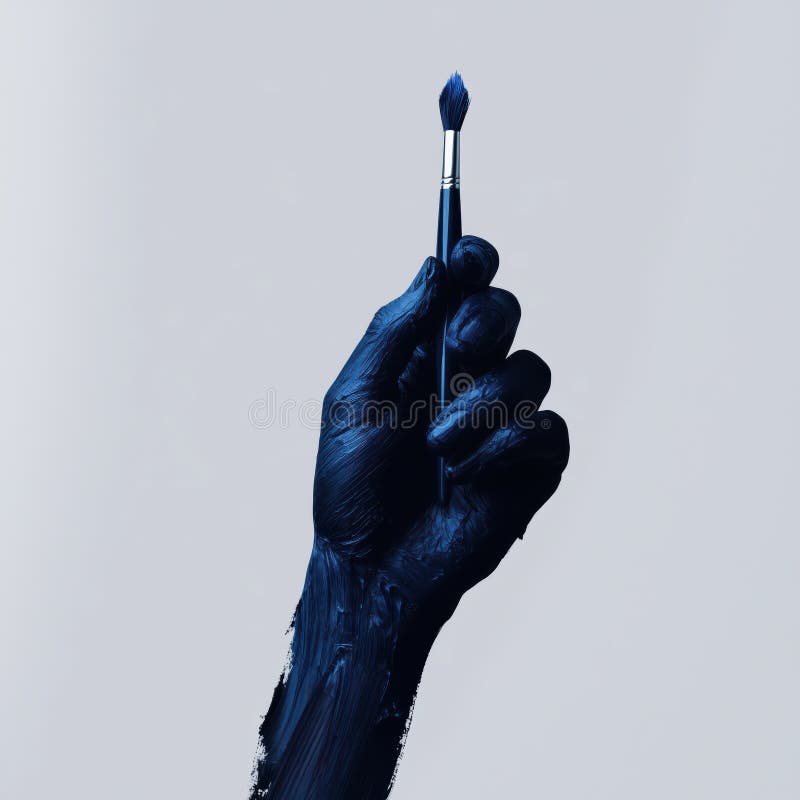 Hand Holding Paintbrush with Blue Paint on White Background Stock ...