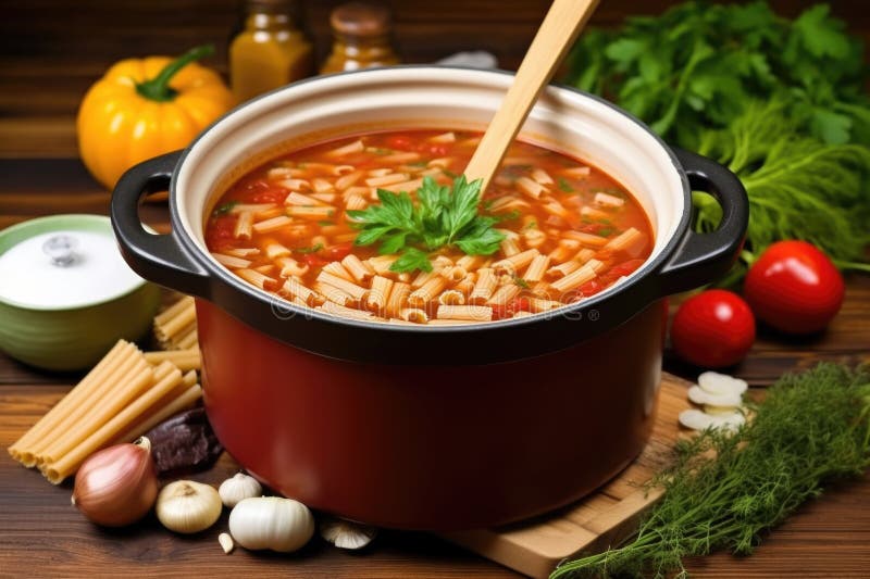 Hand Holding a Pasta Packet Above Minestrone Soup Pot Stock Image ...
