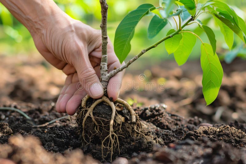 Hand Holding a Pecan Sapling with Root in Soil Stock Illustration ...