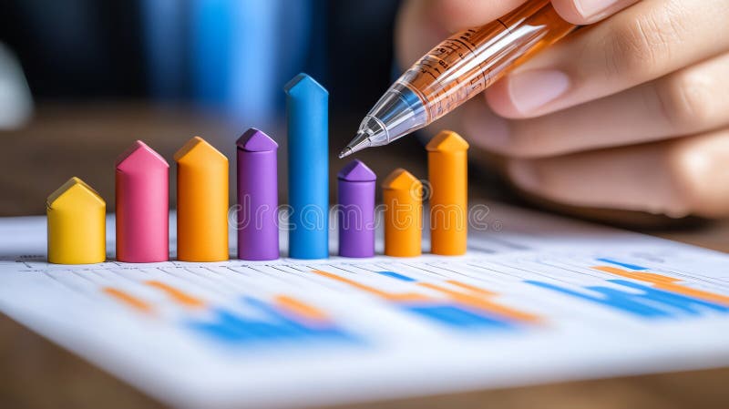 Hand Holding Pen Analyzing Colorful Bar Graph for Financial Report ...
