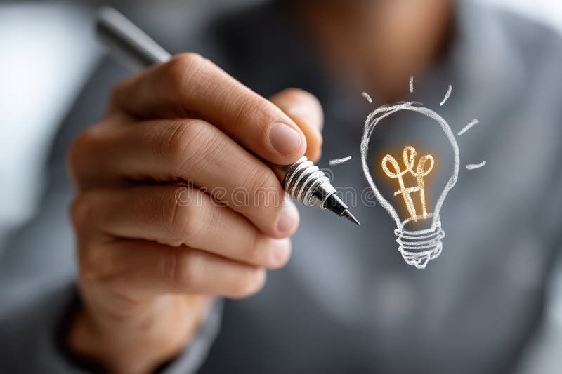 Hand Holding Pen Draws Light Bulb Symbolizing Creativity and Innovation ...
