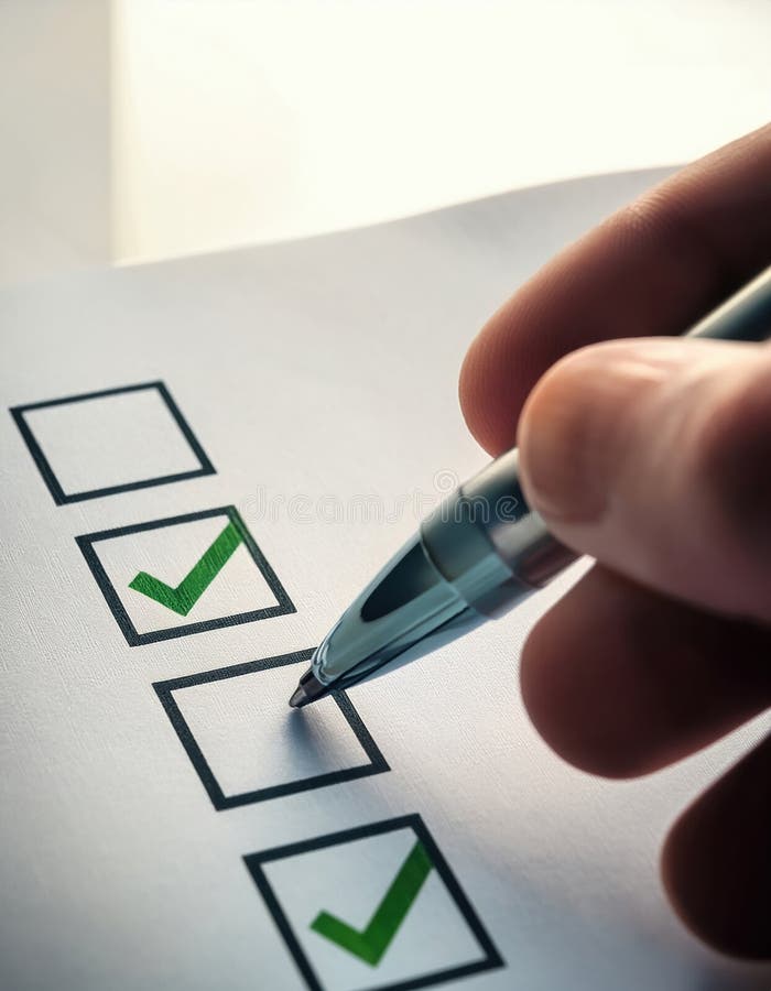 Hand Holding Pen Marking Checklist with Green Check Marks on Paper in ...