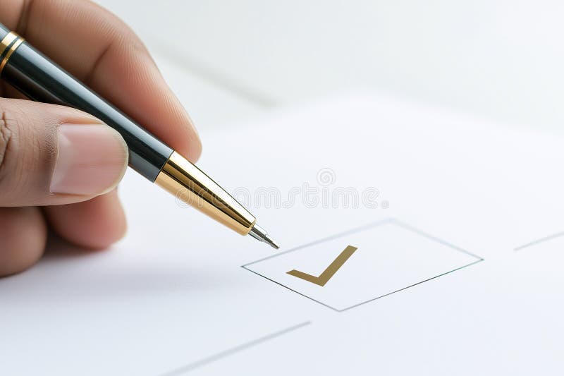 Hand Holding Pen Marks Checkmark on Paper, Symbolizing Completion and ...