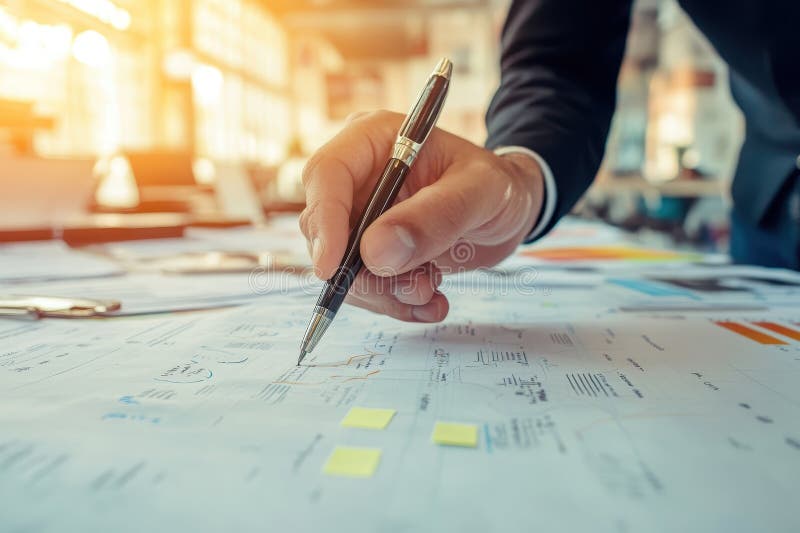 A Hand Holding a Pen Over Documents and Notes, Indicating Analysis or ...