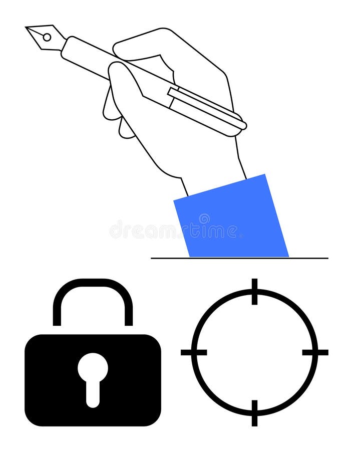 Hand Writing with Pen, Security Lock, and Target Icon Depicting Focus ...