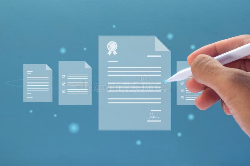 Hand Holding a Pen with Virtual Screen of Document. Digital Document ...