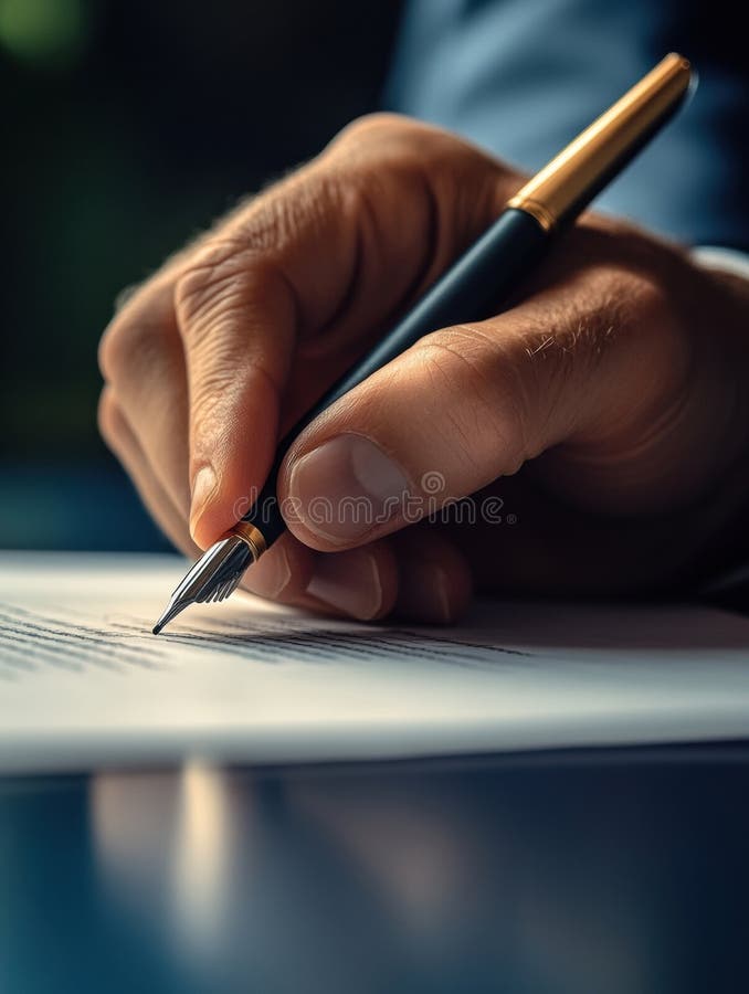 Hand Holding a Pen while Writing a Document on a Table in a ...
