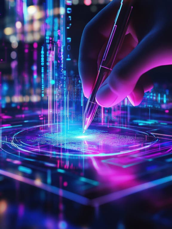 Hand Holding a Pen Writing on a Glowing Digital Interface Surrounded by ...