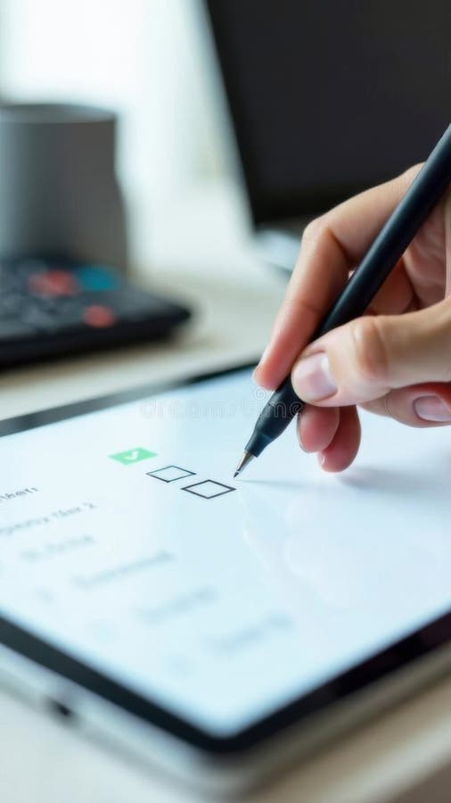 Hand Holding Pen Writing on Tablet Screen with Checkboxes for Task ...