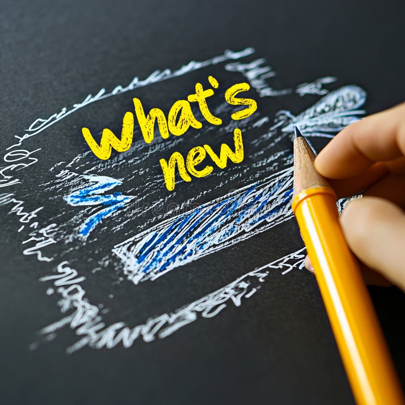 A Hand Holding a Pencil Drawing the Words What S New on a Blackboard ...