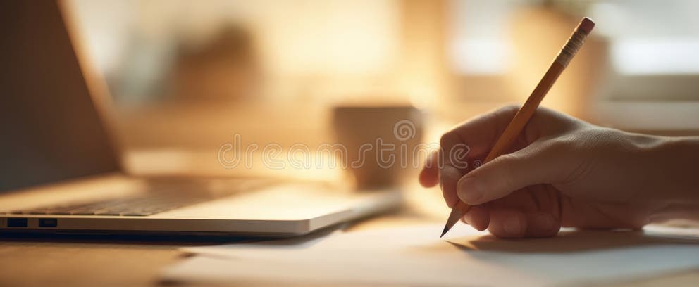 The Hand Holding a Pencil Writing Notes on a Desk with a Laptop. AI ...