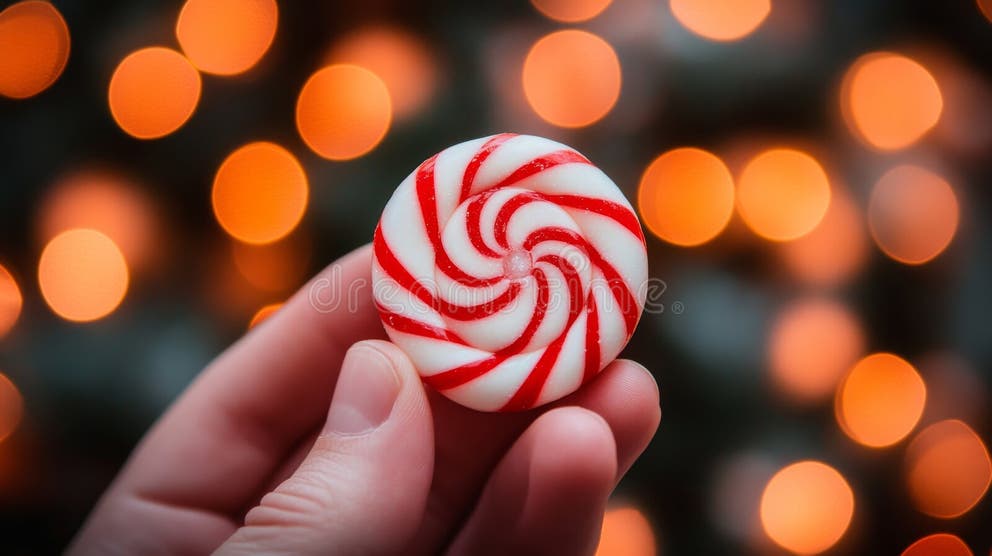 Hand Holding a Peppermint Candy with Shiny Stripes that Reflect Light Stock Photo - Image of ...