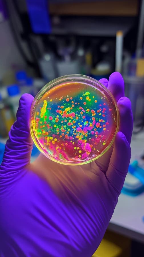 Hand Holding Petri Dish with Fluorescent Bacteria Under Ultraviolet Light in Laboratory Setting ...