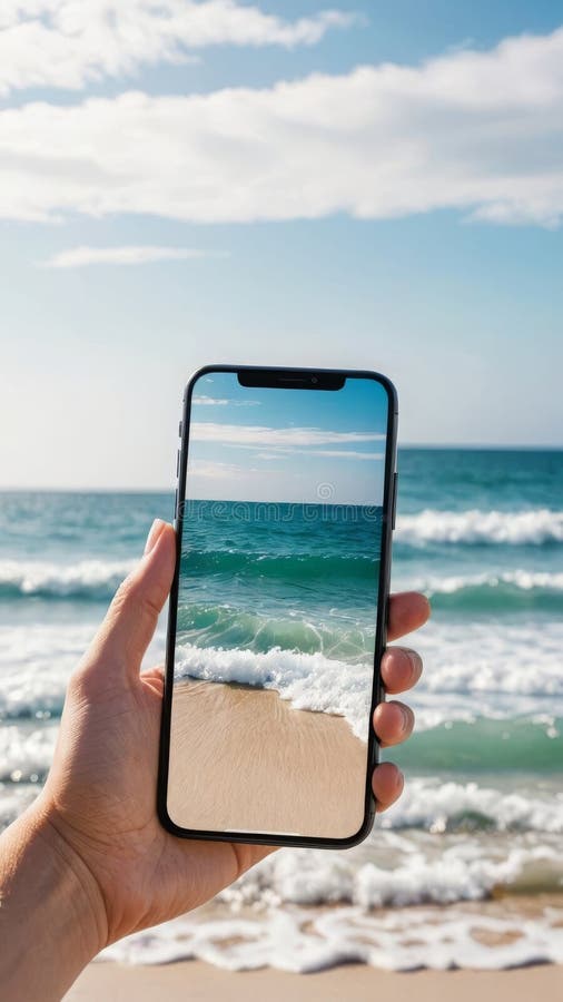 Hand Holding Phone Capturing Beach Waves Stock Photos - Free & Royalty ...