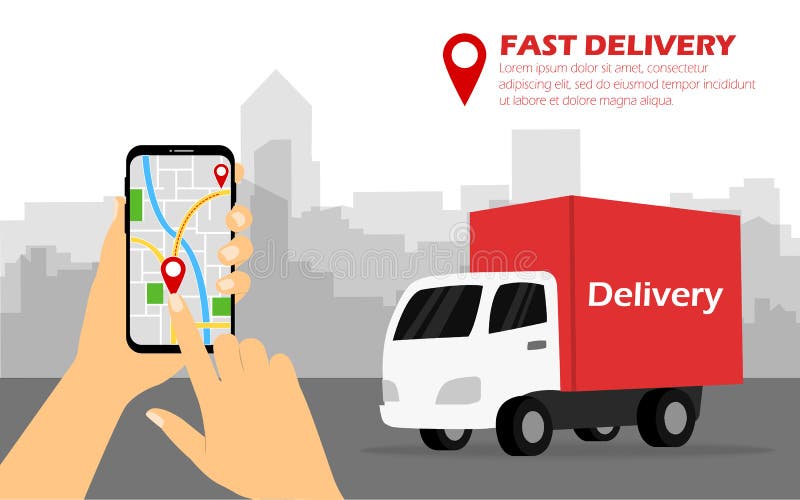 A Hand is Holding a Phone with Delivery Tracking. Delivery Truck ...