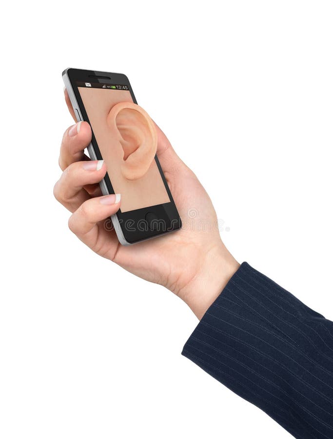 Hand Holding Phone with Ear in the Screen. Stock Photo - Image of human ...