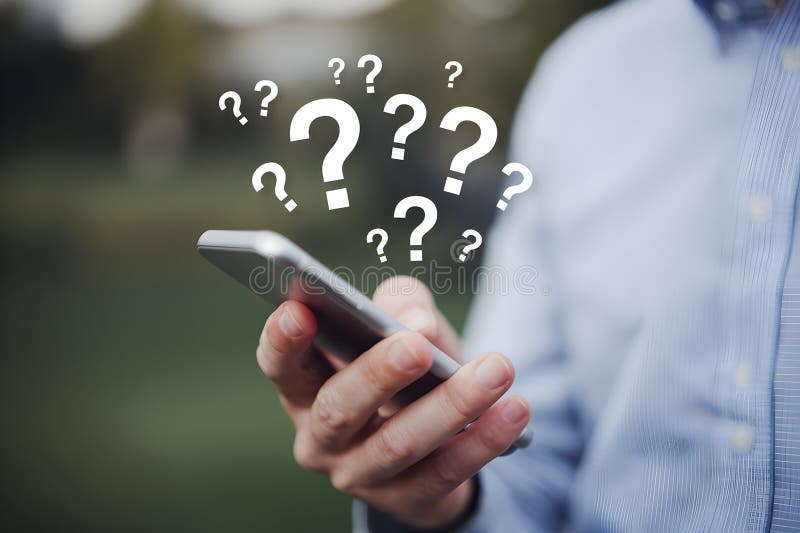 Hand Holding Phone, Floating Question Marks Above, Blurred Background ...