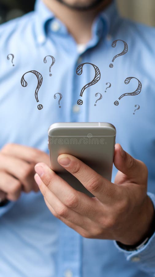 Hand Holding Phone, Floating Question Marks Above, Blurred Background ...