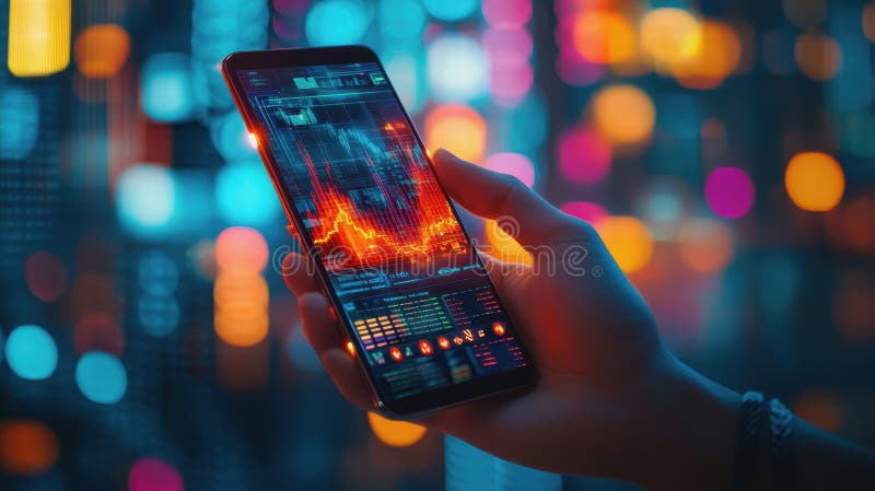 Hand Holding Phone with Glowing Digital Charts, Tech-focused with Bokeh ...