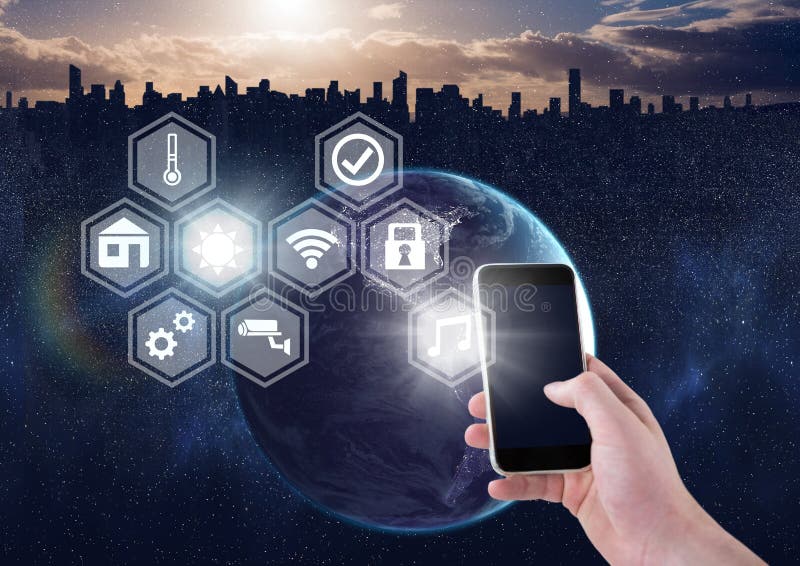 Hand Holding Phone with Icons Interface of Internet of Things Stock ...
