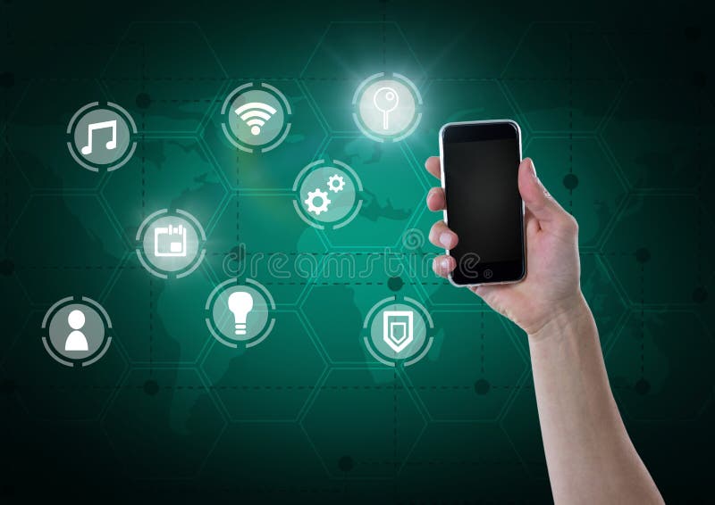 Hand Holding Phone with Icons Interface of Internet of Things Stock ...