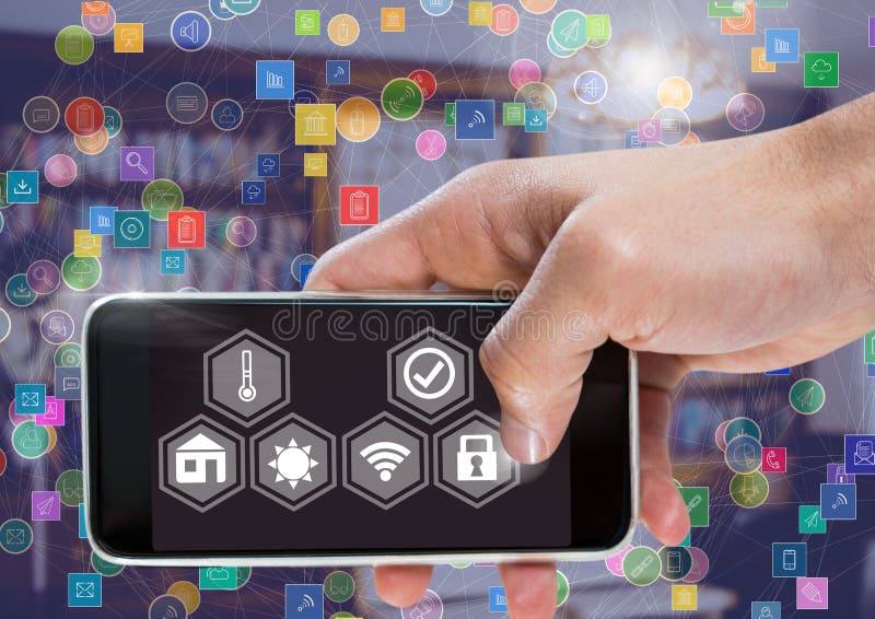 Hand Holding Phone with Smart Home Interface and Connectors Stock Photo ...