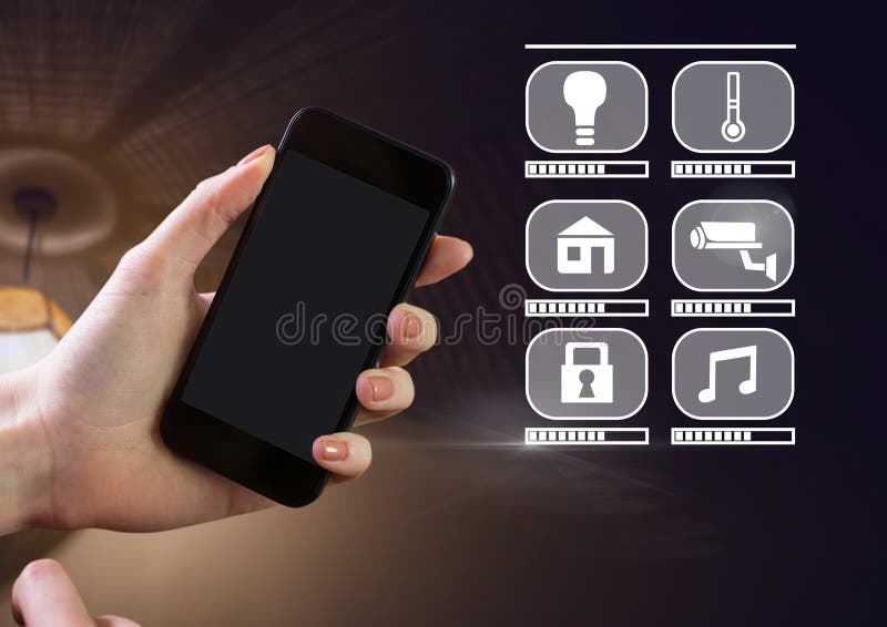 Hand Holding Phone with Smart Home Interface at Home Stock Image ...