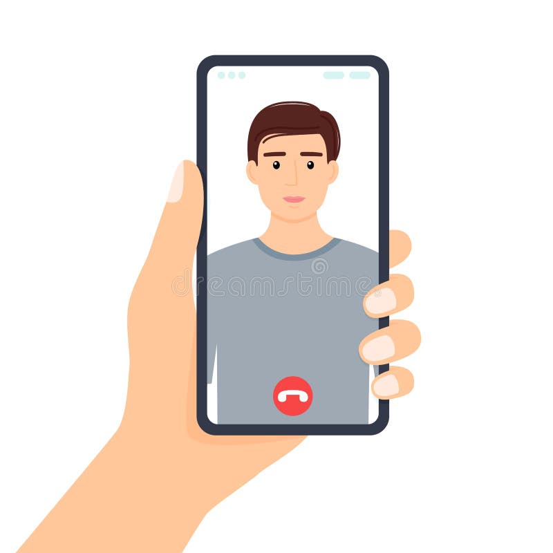 Hand Holding Phone. Smartphone Screen with Man. Video Call, Vector ...