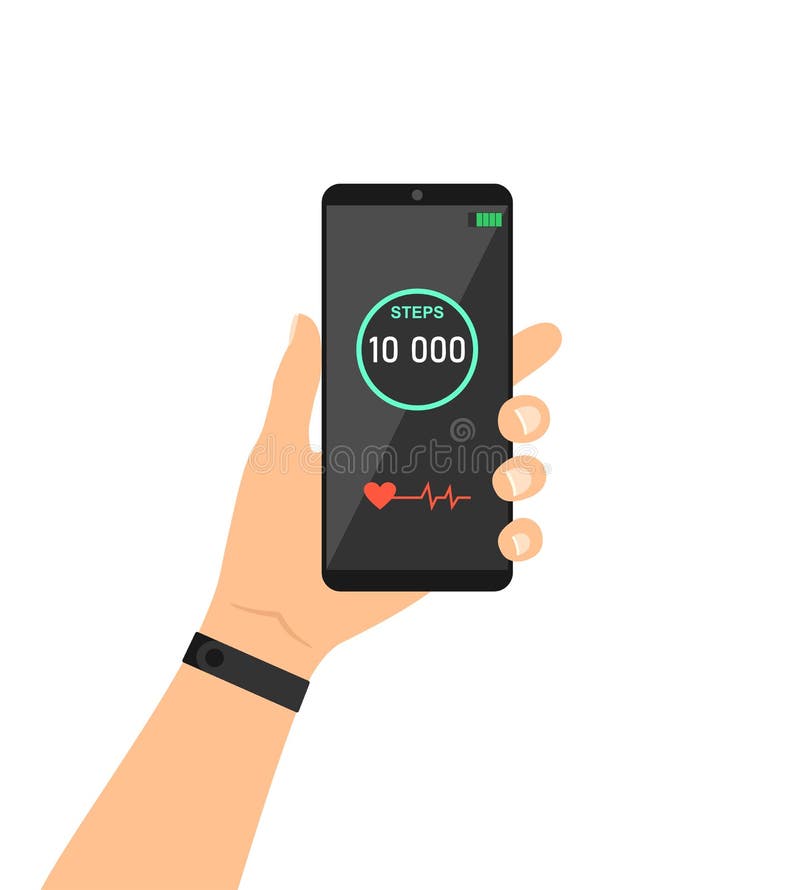 Hand Holding a Phone with a Step Tracking Application on Screen Stock ...