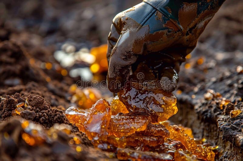 Hand Holding a Piece of Amber on the Background of the Soil. Stock ...