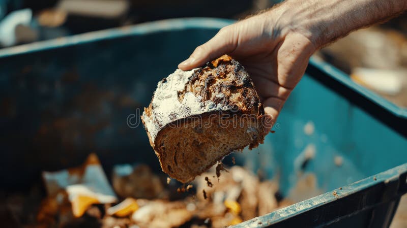 A Hand Holding a Piece of Moldy Bread Above a Trash Bin, Highlighting ...