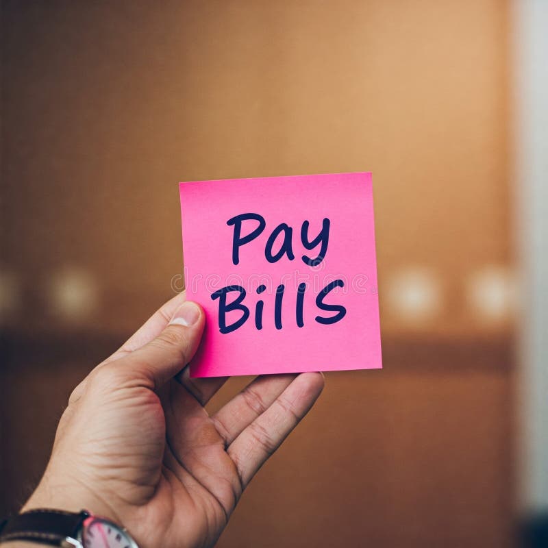 Hand Holding Pink Sticky Note with Pay Bills Stock Illustration ...