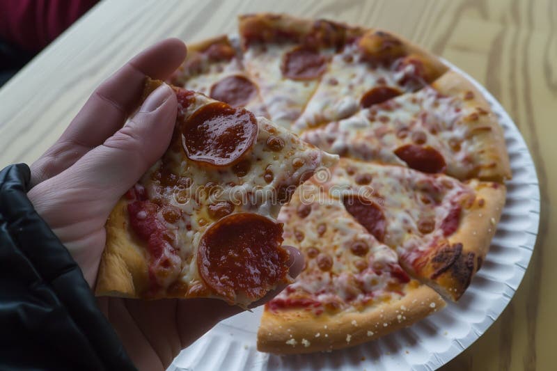 Hand Holding a Pizza Slice with One Bite Missing, Set on a Paper Plate ...