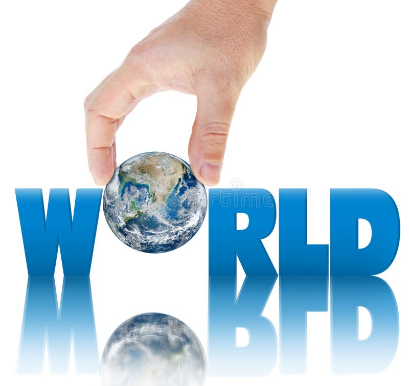 Hand Holding Planet Earth on a Background of the Inscription WORLD ...