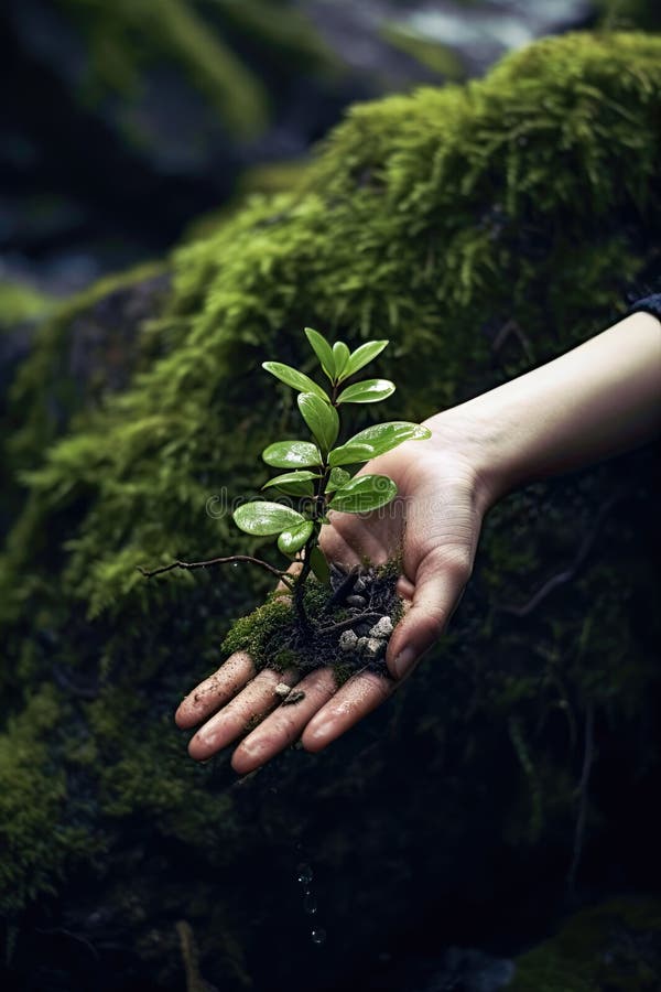 Hand Holding a Plant, Surrounded by Lush Greenery. Ecology, Environment. AI-generated Stock ...