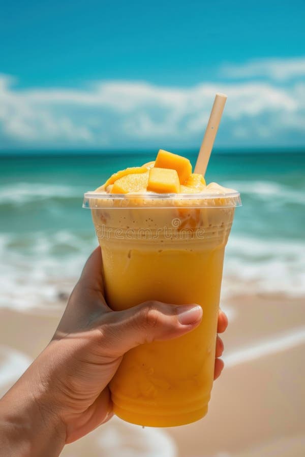 A Hand Holding a Plastic Cup of Mango Smoothie with Chunks of Mango ...