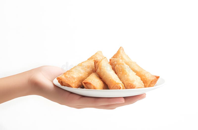 Hand Holding a Plate of Crispy Spring Rolls Stock Illustration ...