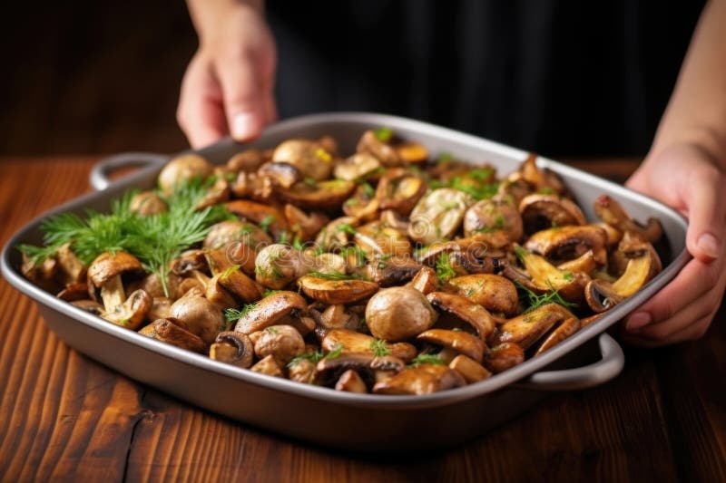Hand Holding Platter of Freshly Cooked, Marinated Mushroom Caps Stock ...