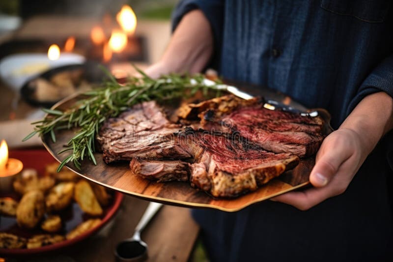 Hand Holding Platter with Grilled T-bone Steak at a Party Stock Image ...