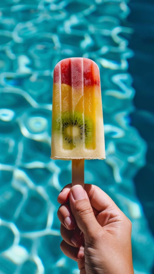 Hand Holding Popsicle with Pool in Background Stock Image - Image of ...
