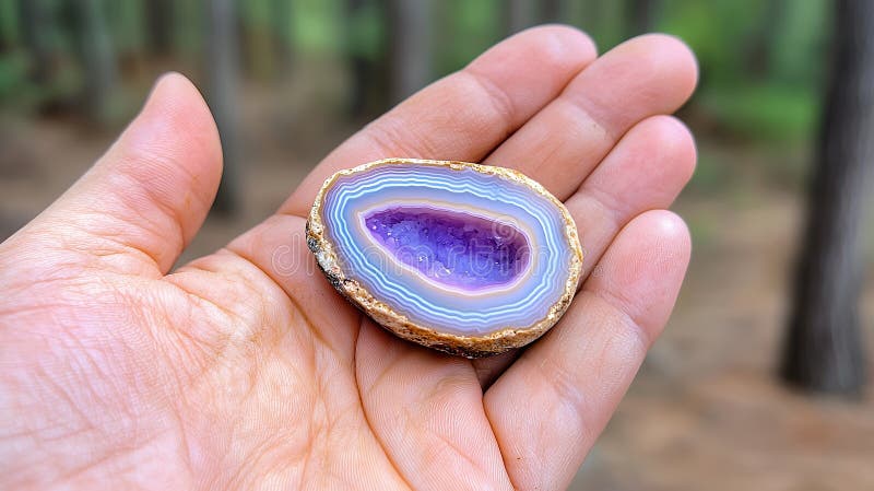 Hand Holding a Purple Amethyst Geode in a Forest Setting- Generative AI ...