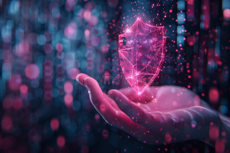 Cybersecurity Concept. a Hand Holding a Shield with a Glowing Design ...