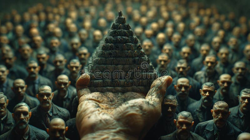 Hand Holding Pyramid of Identical Workers in a Crowded Group Setting ...