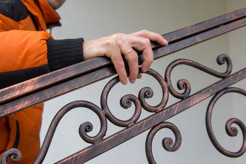 Hand on a Metal Railing,male Hand Holding the Railing on the Stairs, Go ...